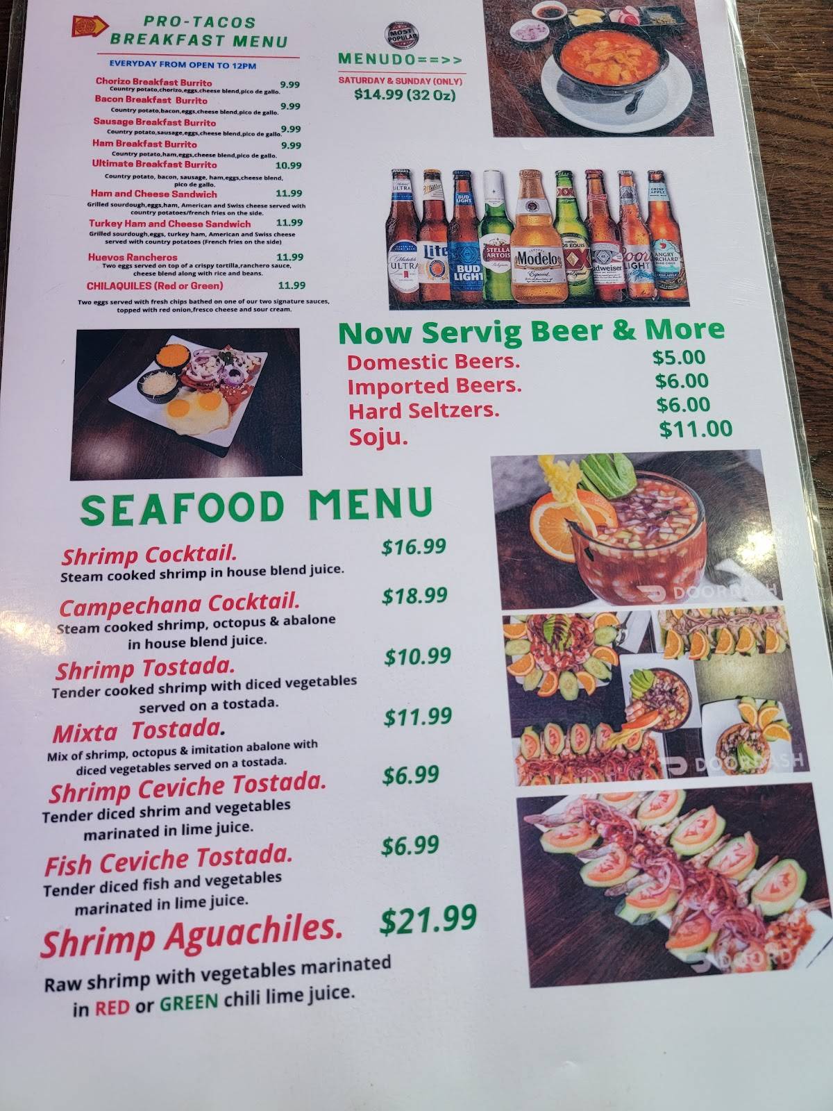 Menu at Pro Tacos Mexican Restaurant & Bar, Walnut, Amar Rd #8E