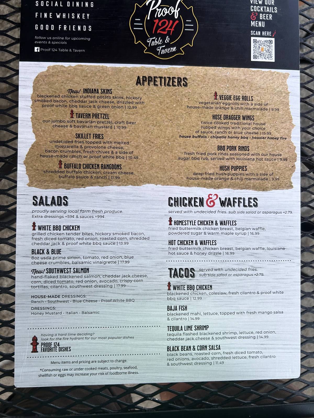 Menu at Proof 124 Table and Tavern pub & bar, Lawrenceburg