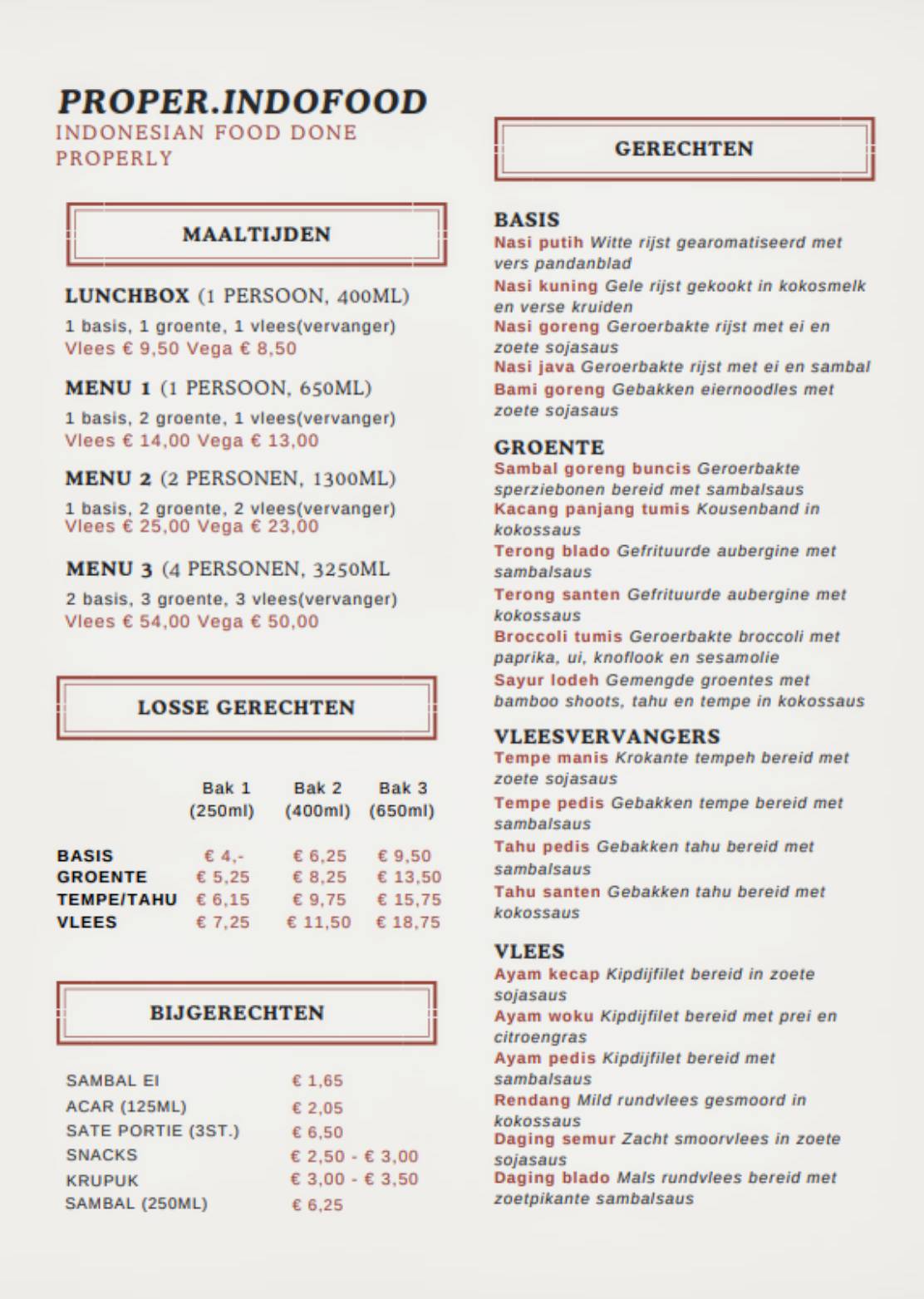 Menu at Proper Indofood restaurant, Amsterdam