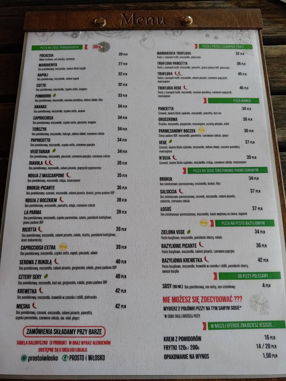 Menu at Prosto i Włosko restaurant, Koscierzyna