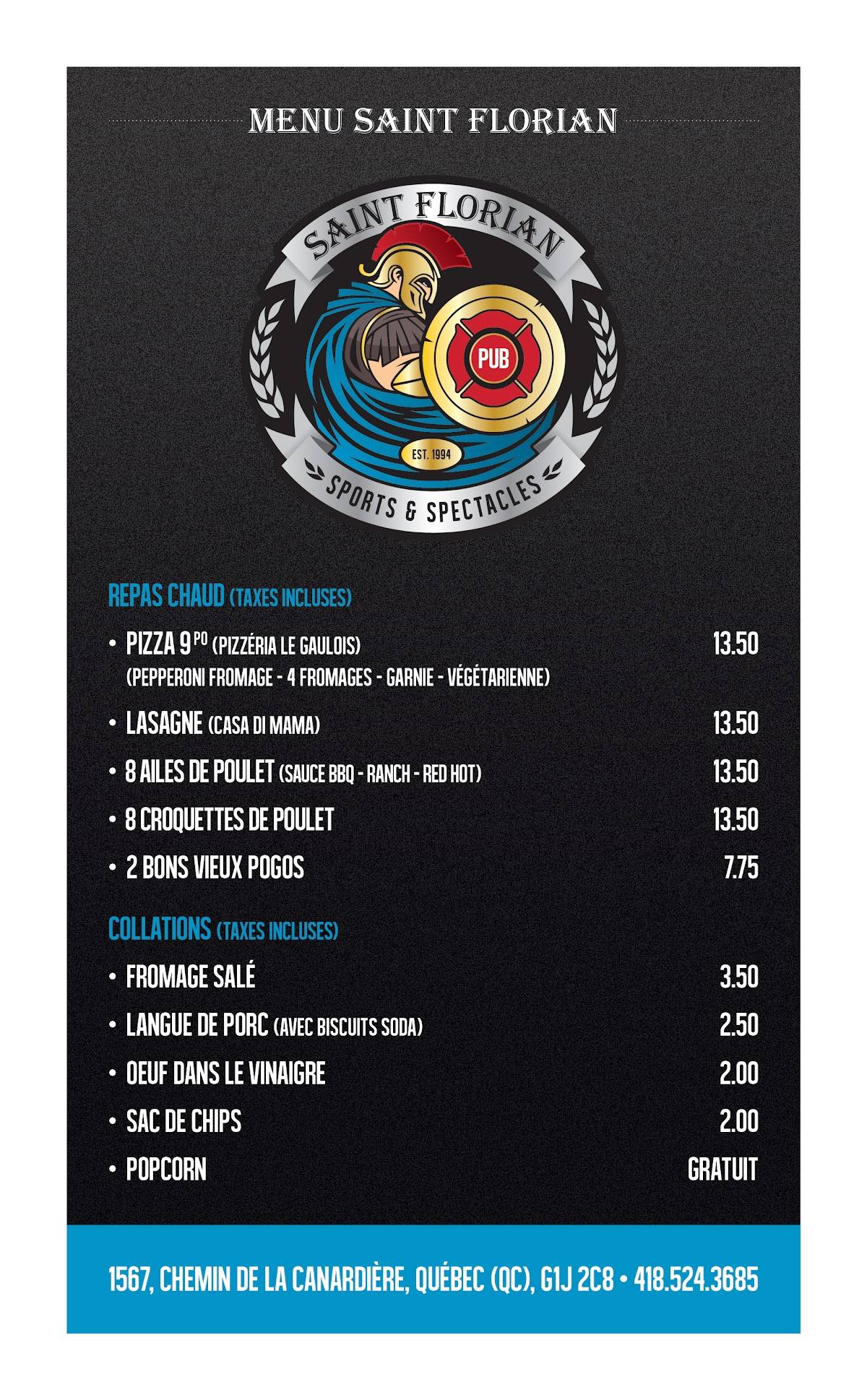 Menu au Pub Saint Florian, Québec