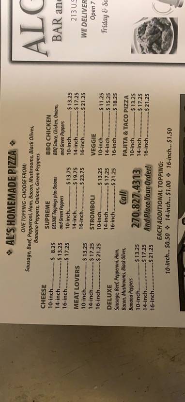 Menu at Algonquins Bar and Grill, Henderson, 213 KY-2084