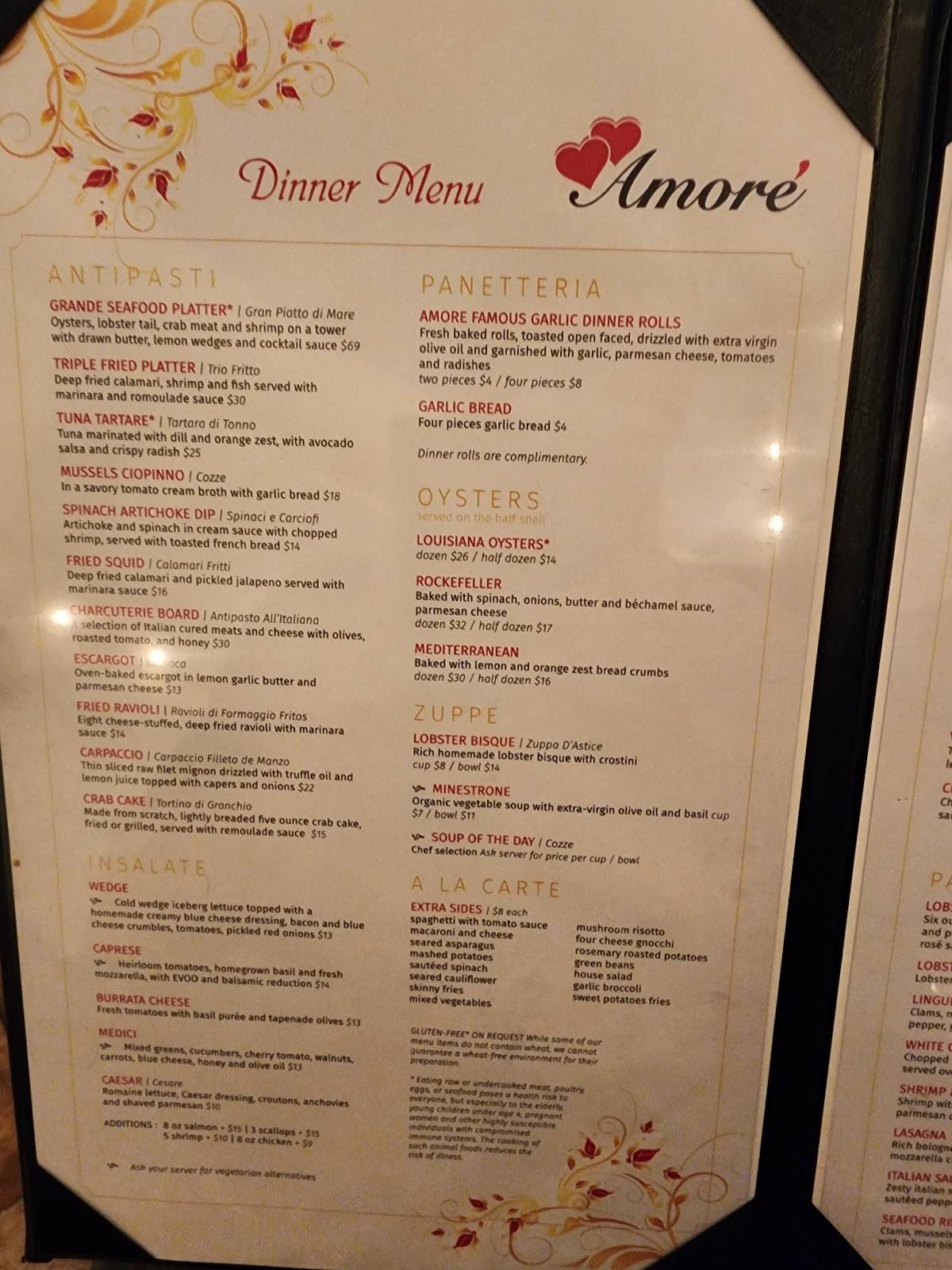 Menu at Amore Fine Dining & Spirits pub & bar, Conroe, Hwy 105 W
