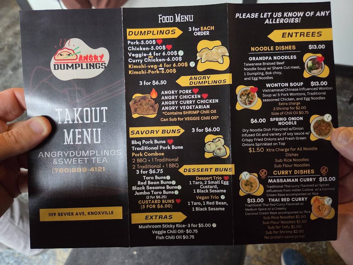 Menu at Angry Dumplings Tea pub & bar, Knoxville