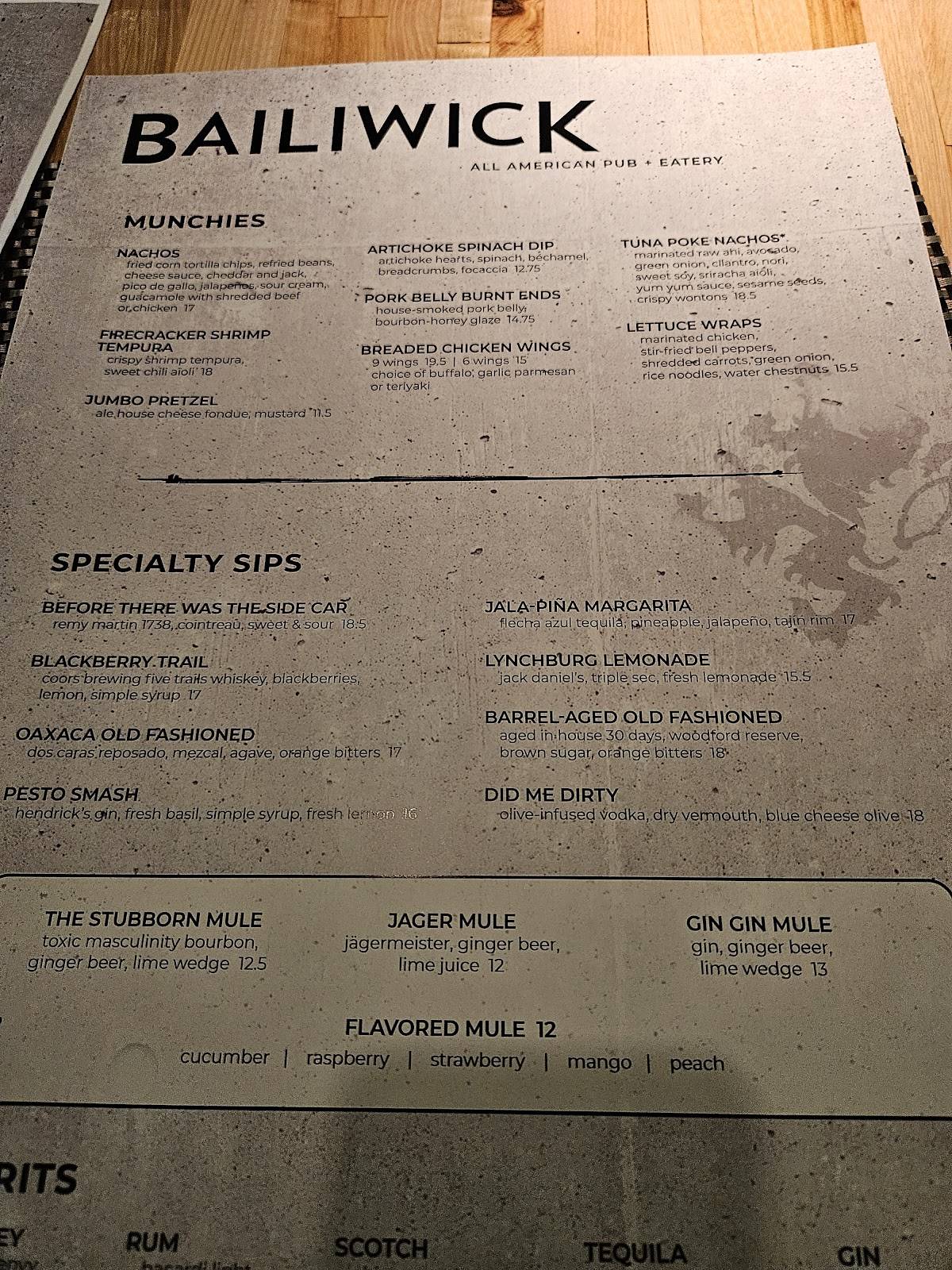 Menu at Bailiwick pub & bar, Las Vegas