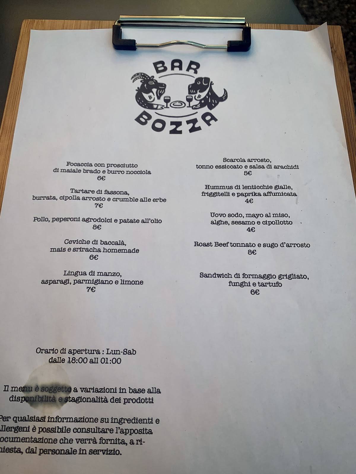Menu at Bar Bozza, Rome