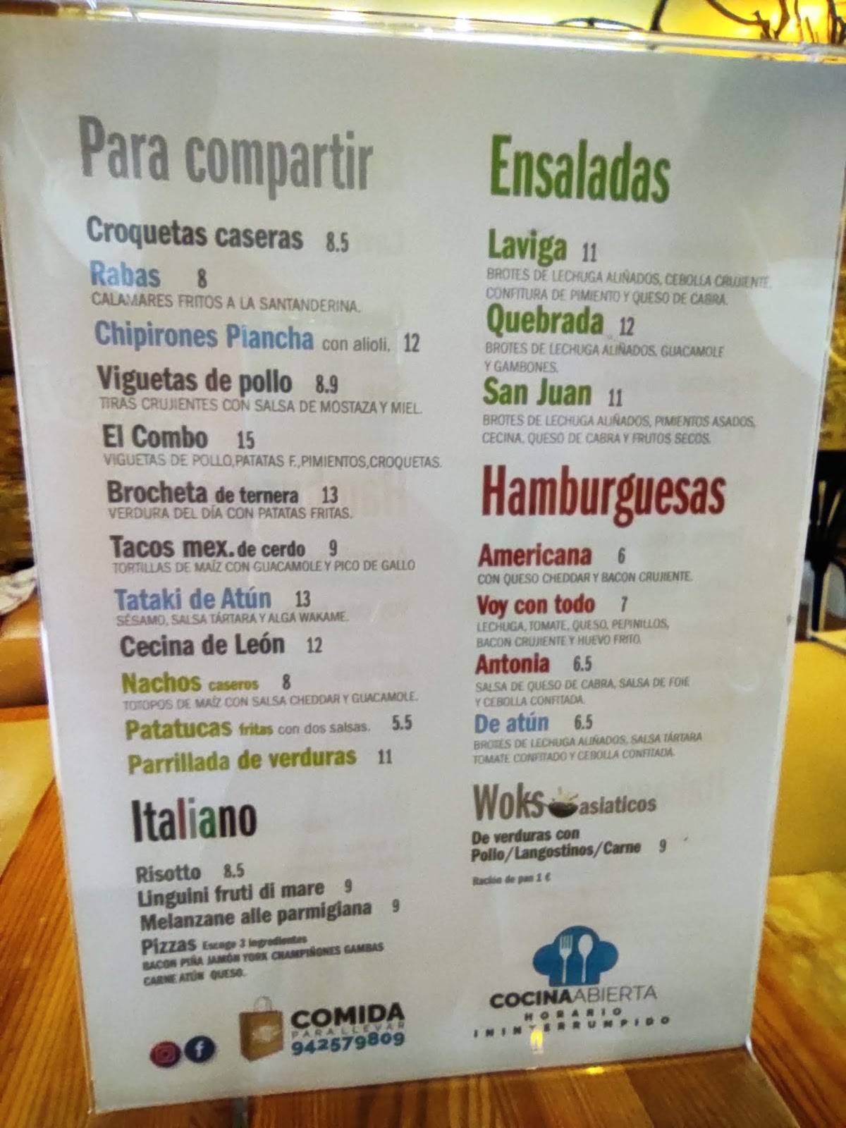 Carta de Bar La Viga, Soto de la Marina