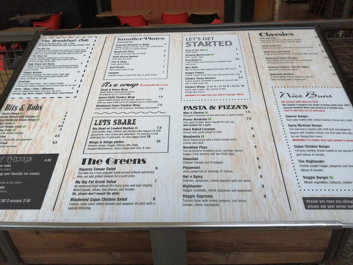 Menu at Bar Square, Glasgow