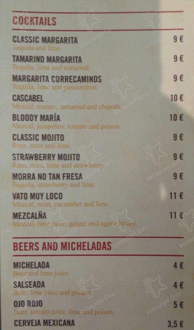 Menu at Barra Cascabel, Lisbon