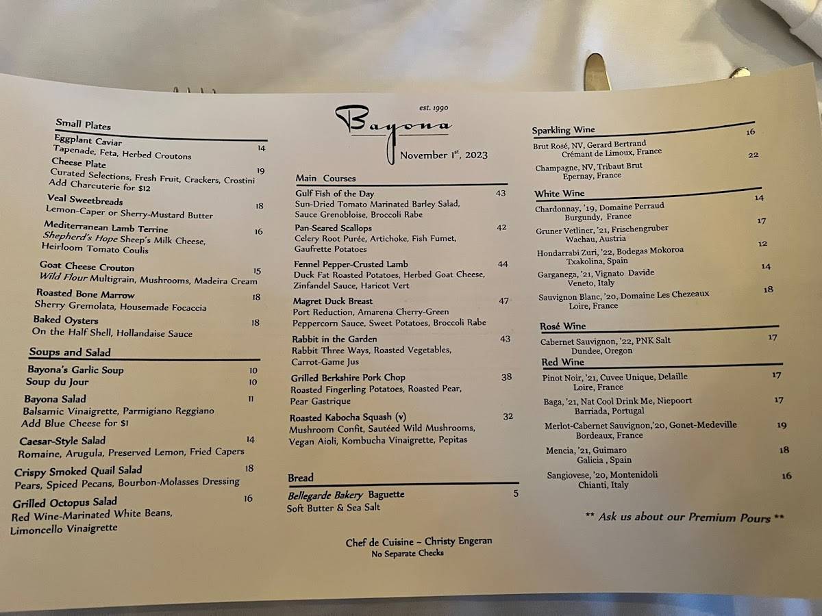 Menu at Bayona pub & bar, New Orleans