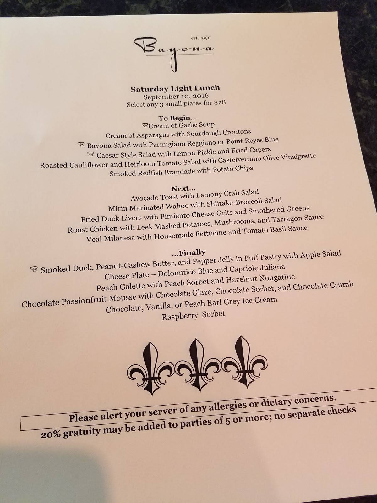Menu at Bayona pub & bar, New Orleans