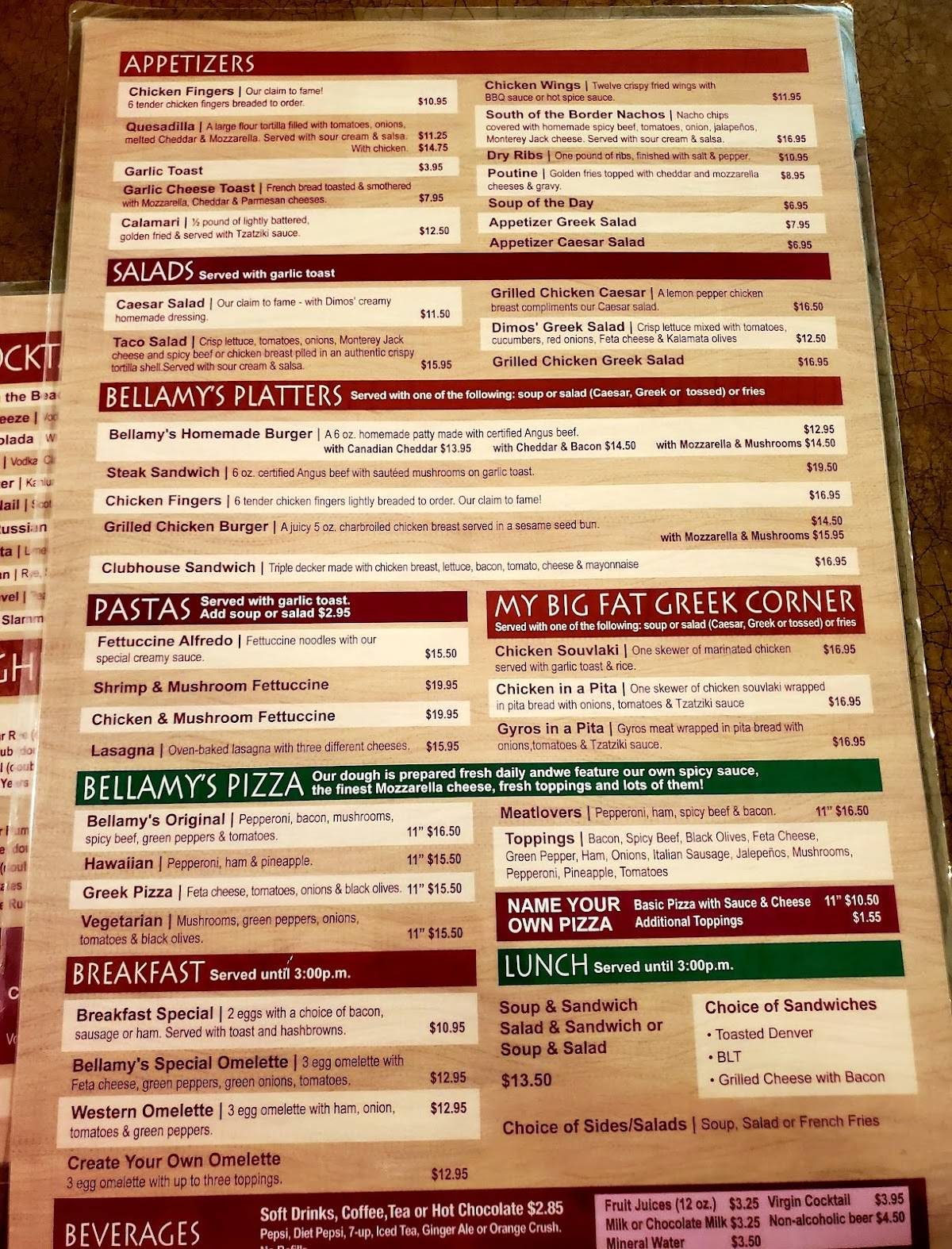 Menu at Bellamy's Restaurant & Bar, Winnipeg
