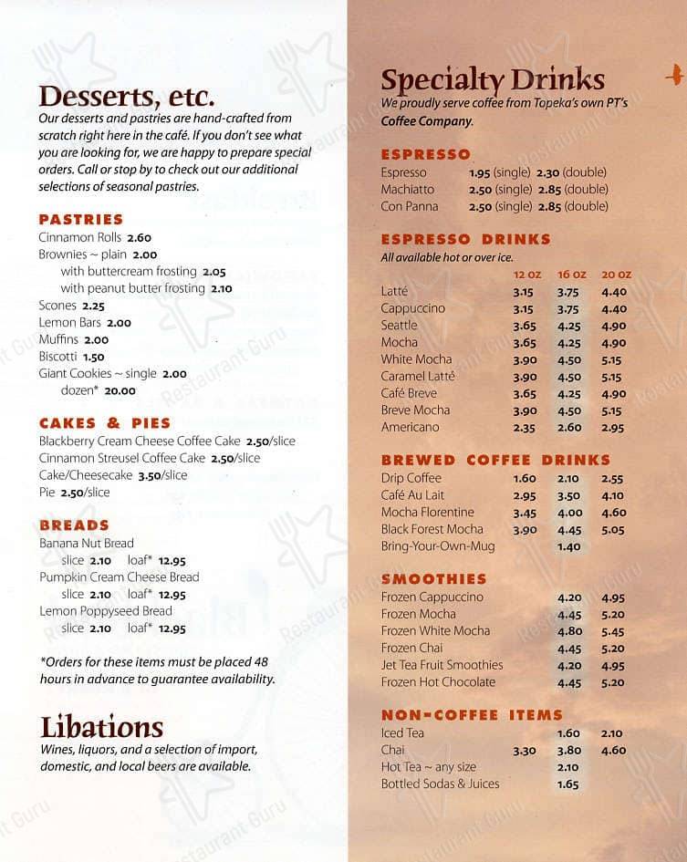Menu at Blackbird cafe, Topeka