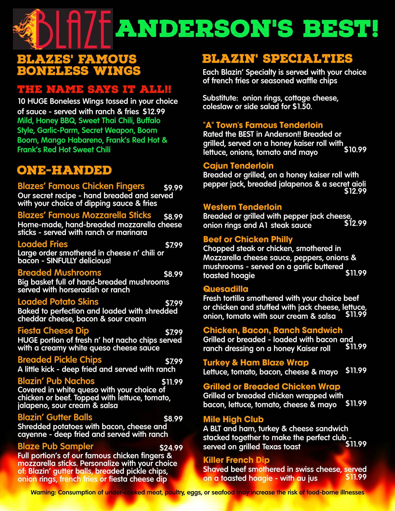 Menu at Blaze Brew Pub, Anderson