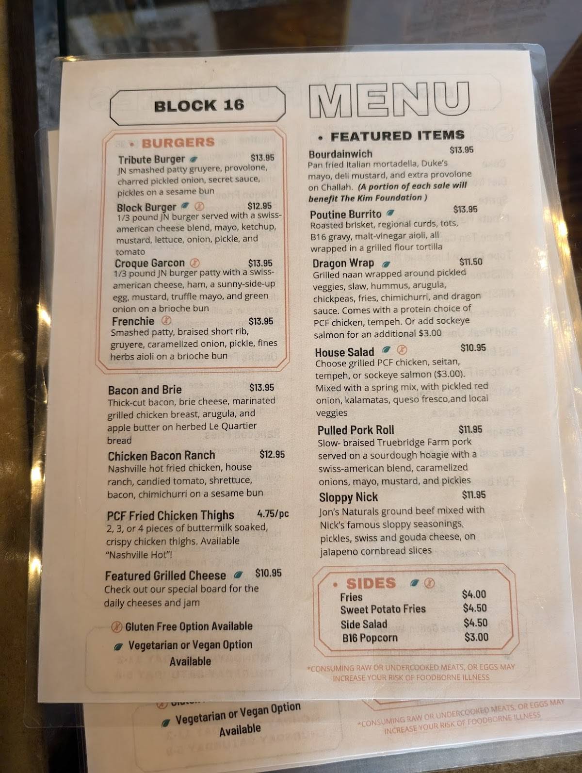Menu at Block 16 pub & bar, Omaha, Farnam St