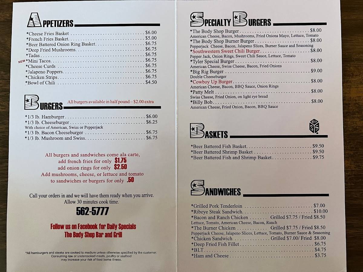 Menu at Body Shop Bar & Grill, New Lisbon