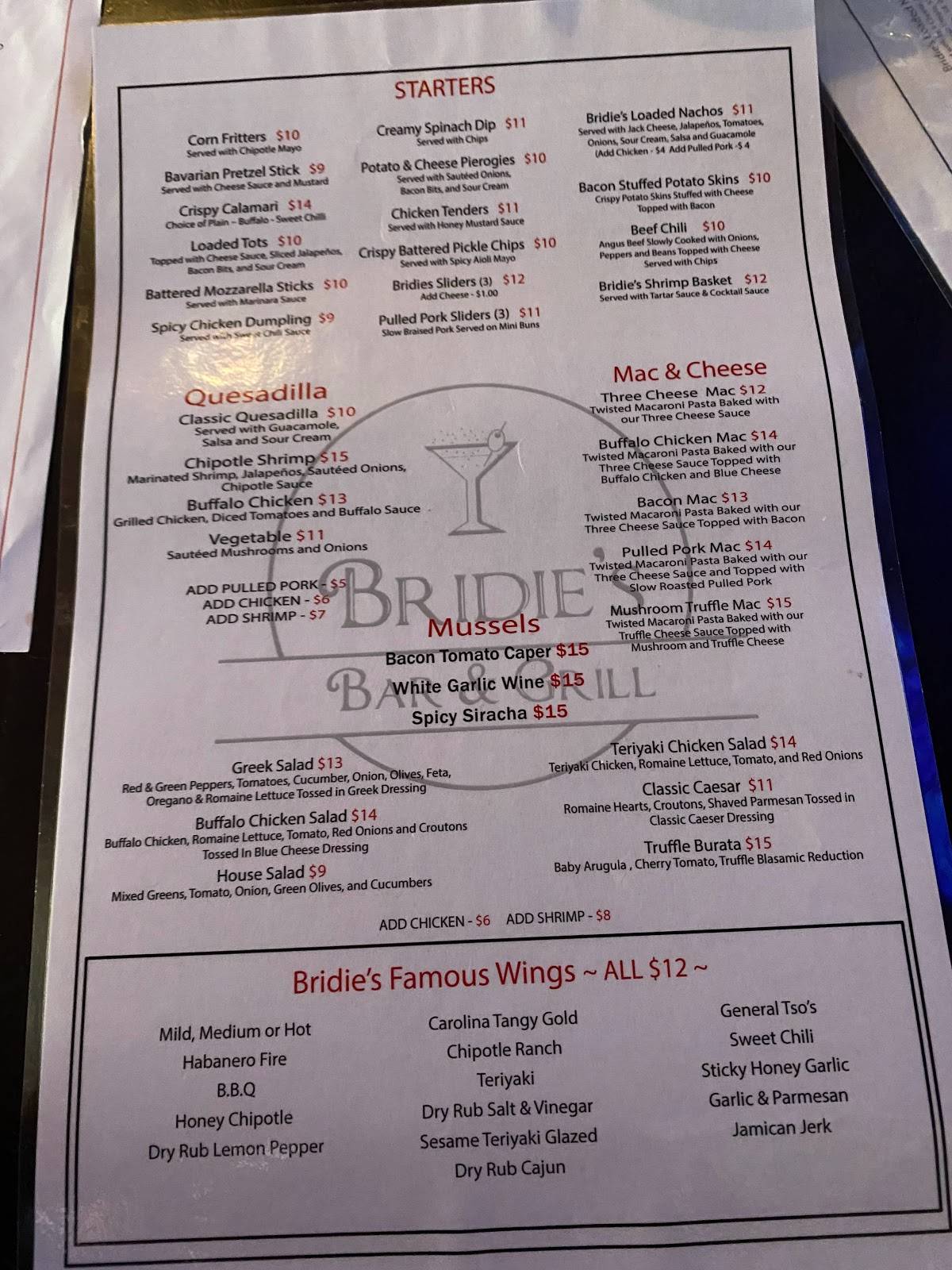 Menu at Bridie's Grill Room pub & bar, New York City