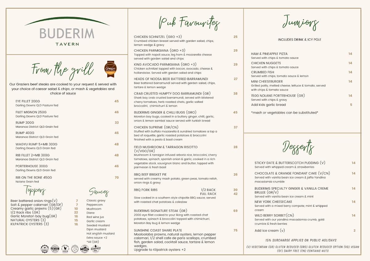 Menu at Buderim Tavern pub & bar, Buderim
