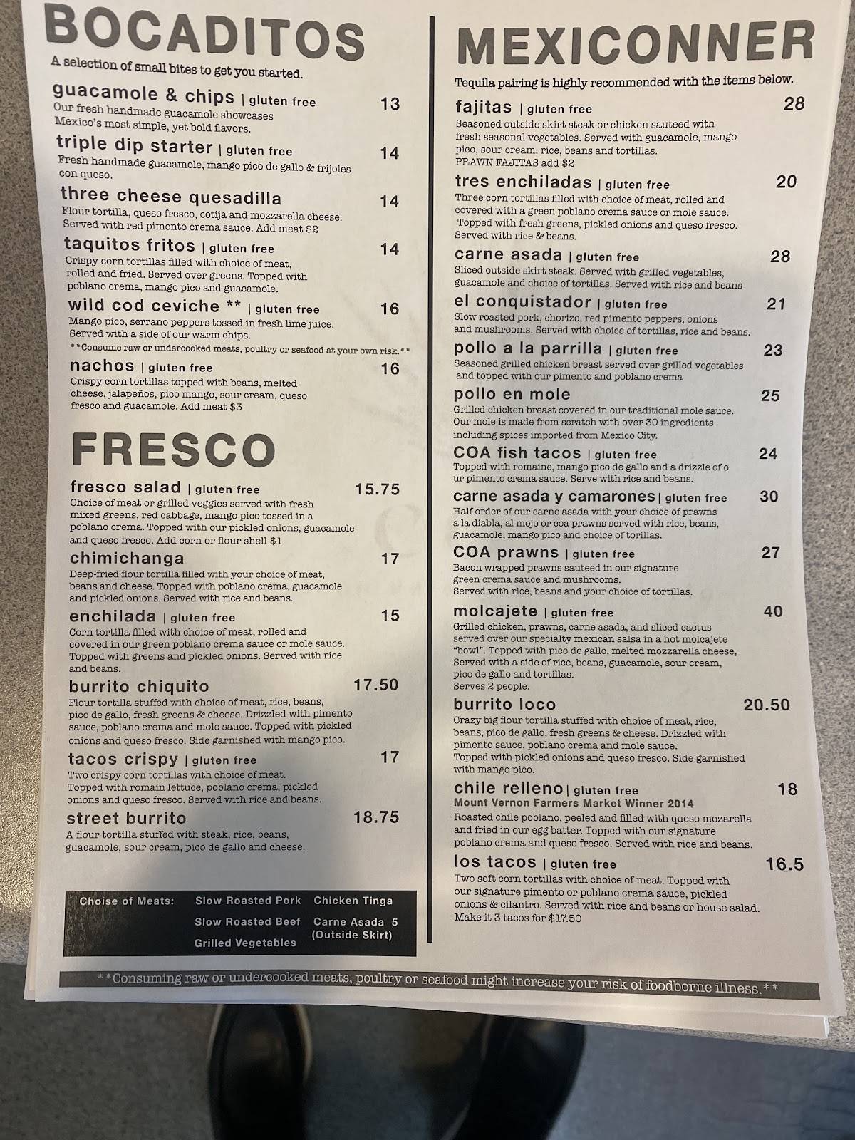 Menu at COA Mexican Eatery & Tequileria MV pub & bar, Mount Vernon ...