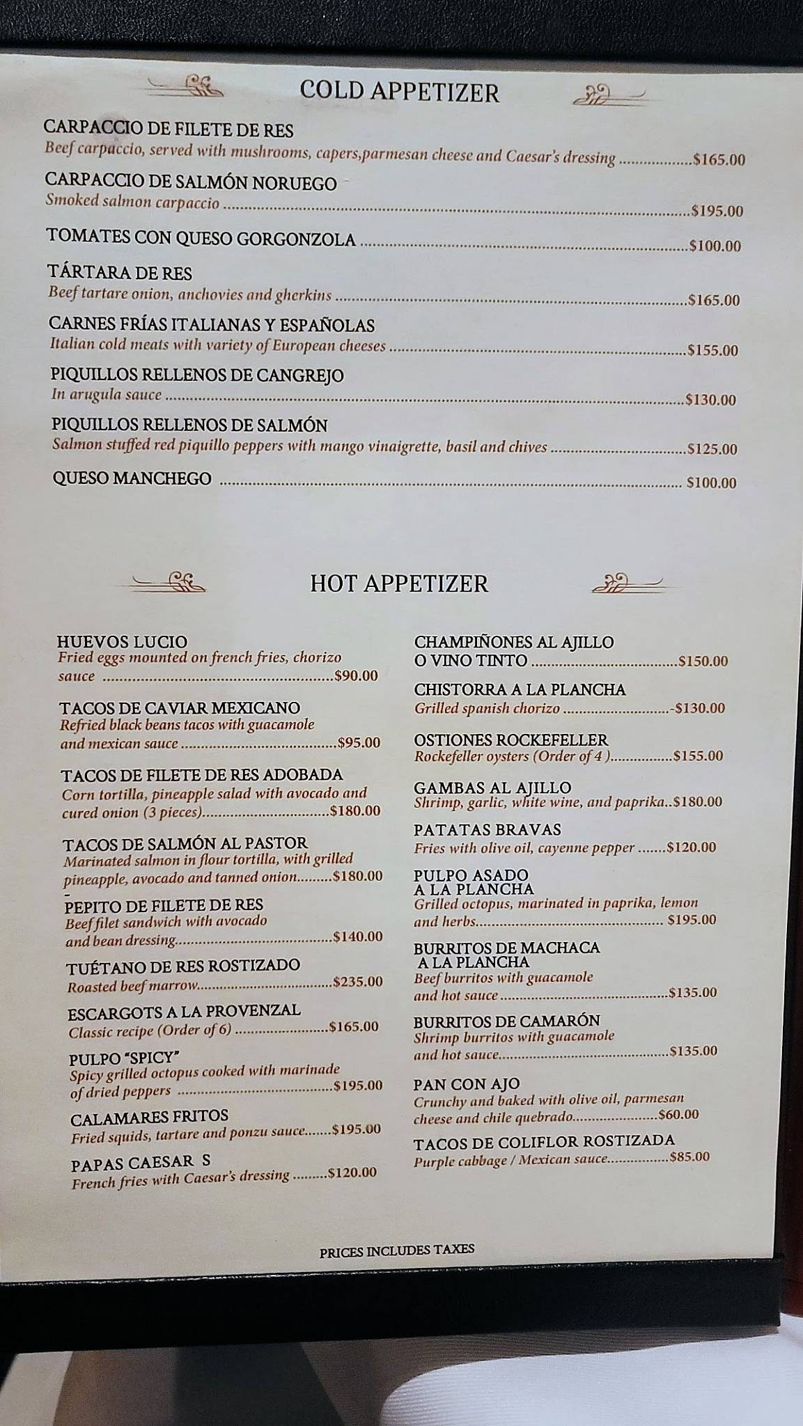 Menu at Caesar's pub & bar, Tijuana, Av. Revolución 8190