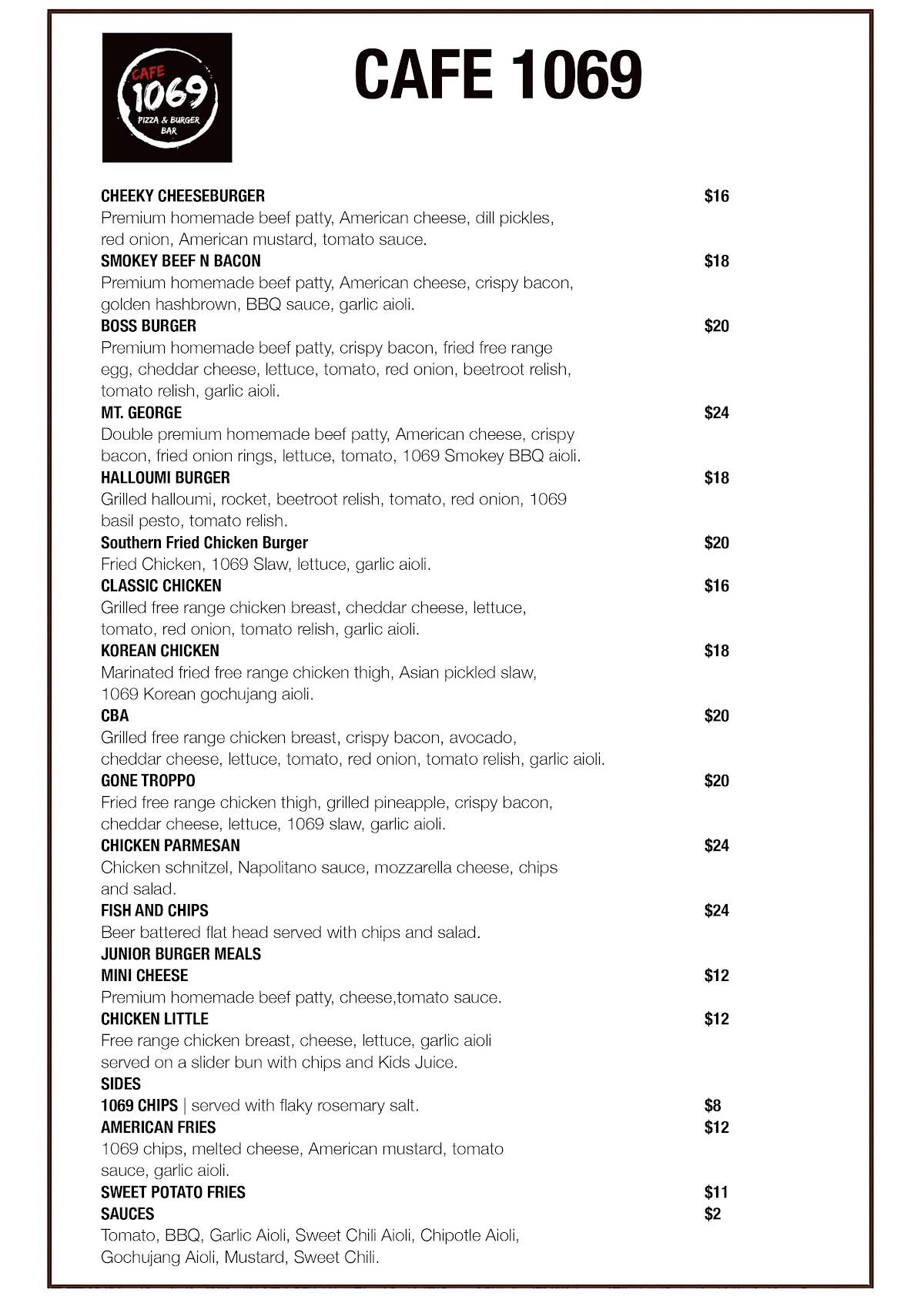 Menu at Cafe1069, George Town