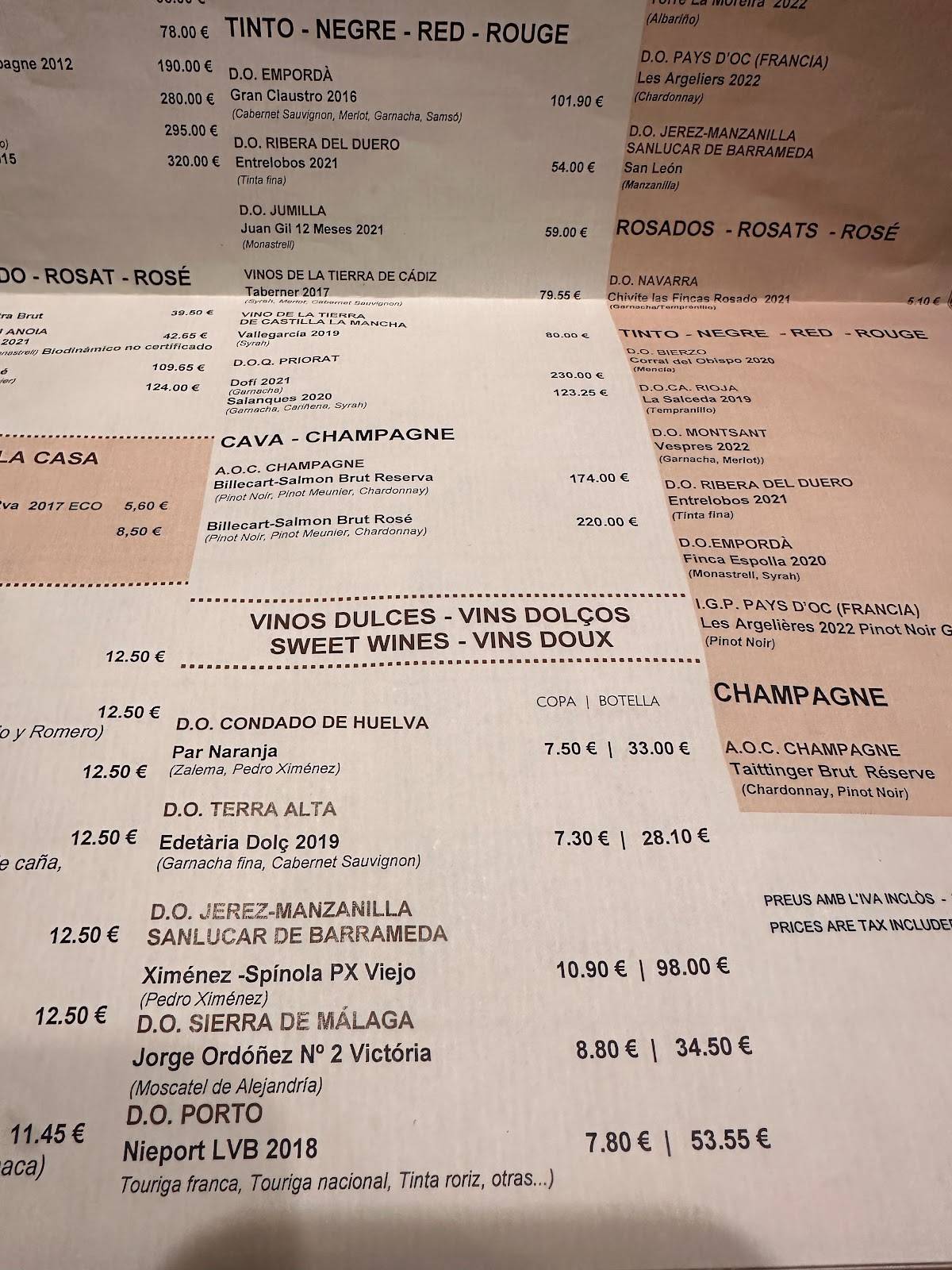 Menu at Cañete pub & bar, Barcelona, Carrer de la Unió
