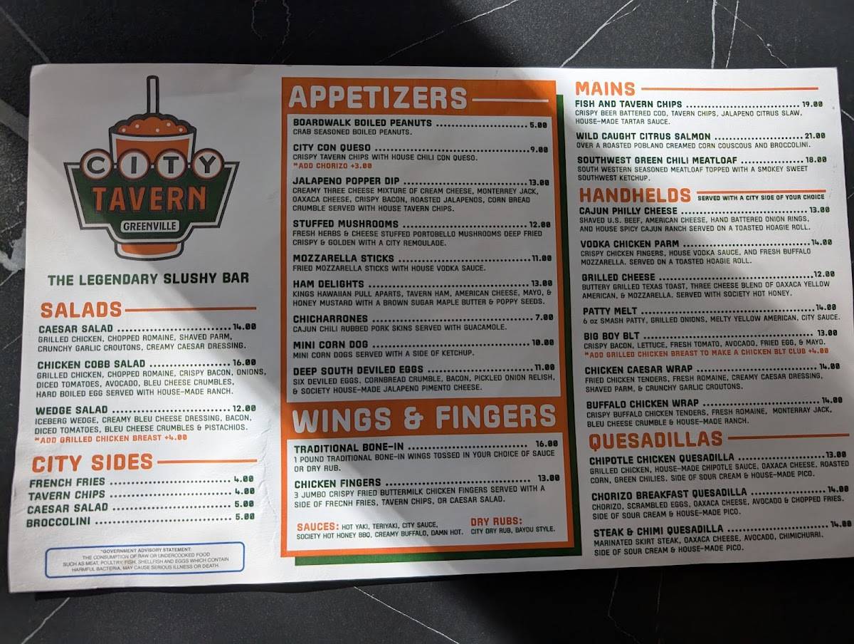 Menu at City Tavern pub & bar, Greenville, 128 N Main St
