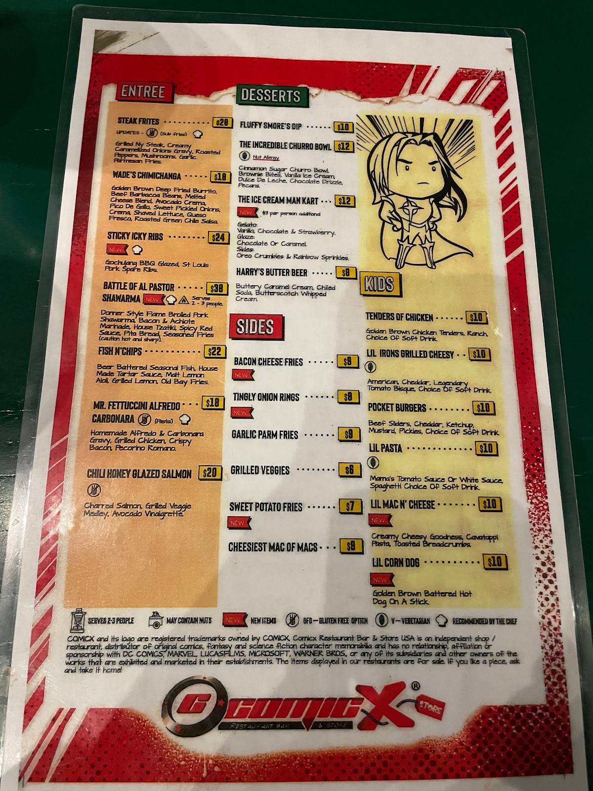 Menu at Comicx Restaurant Bar & Store, Phoenix