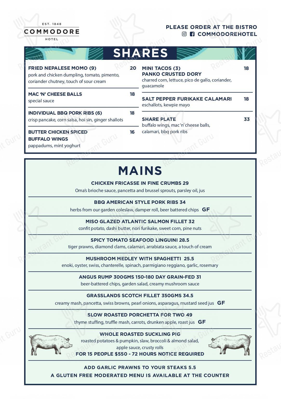 Menu at Commodore Hotel pub & bar, North Sydney