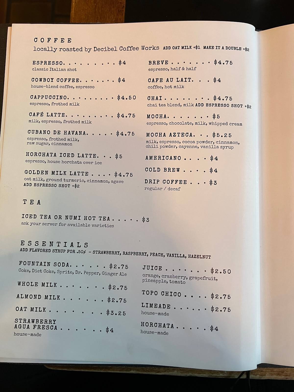 Menu at Cup Cafe, Tucson