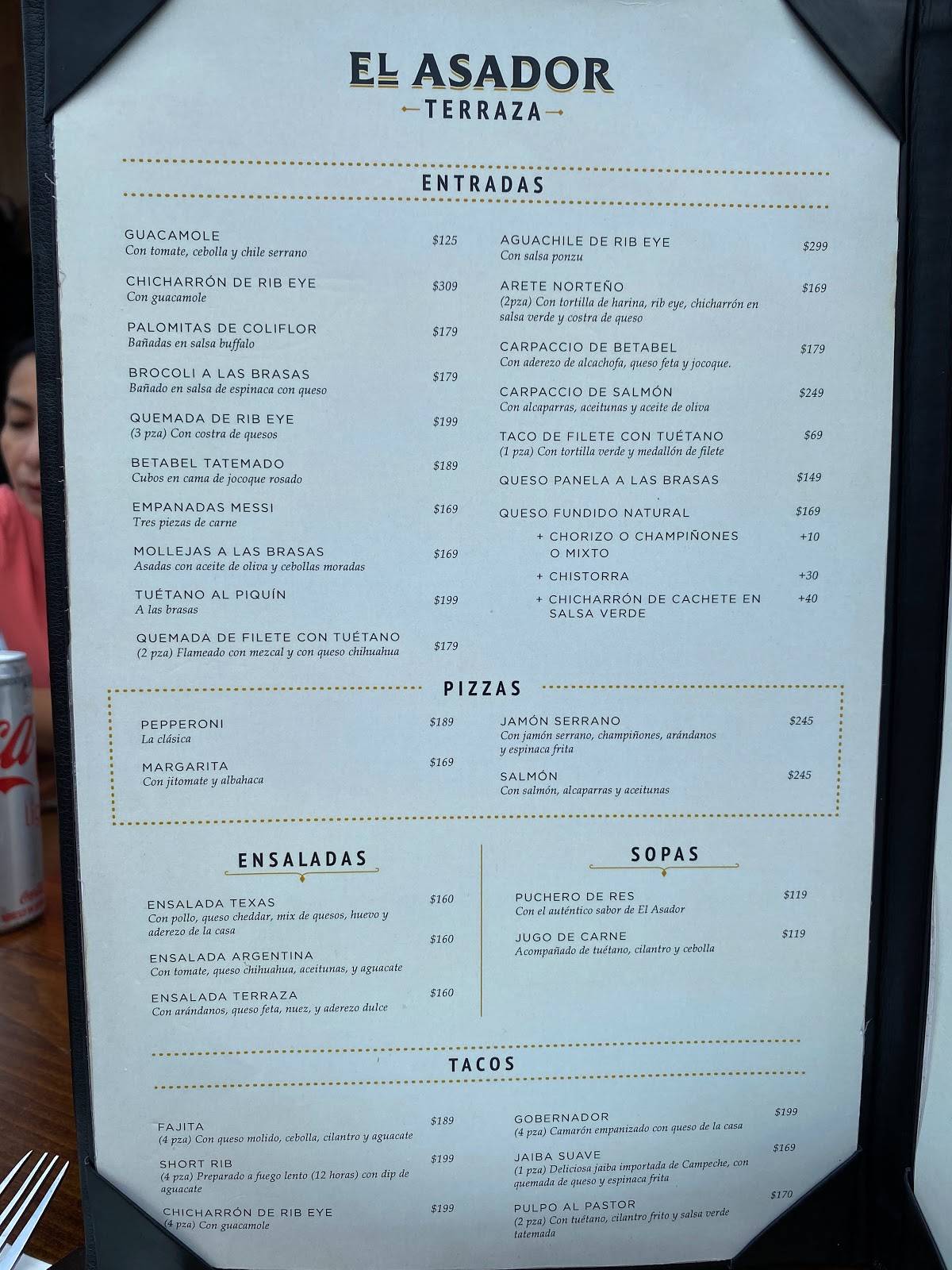 Carta de parrilla El Asador Terraza, Tampico
