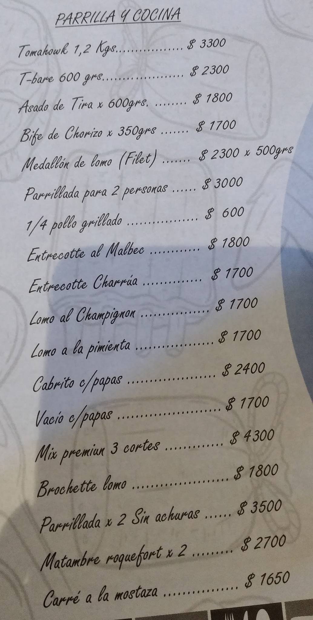 Menu at El Charrúa Restaurante y Parrillada, Salta, Caseros 221