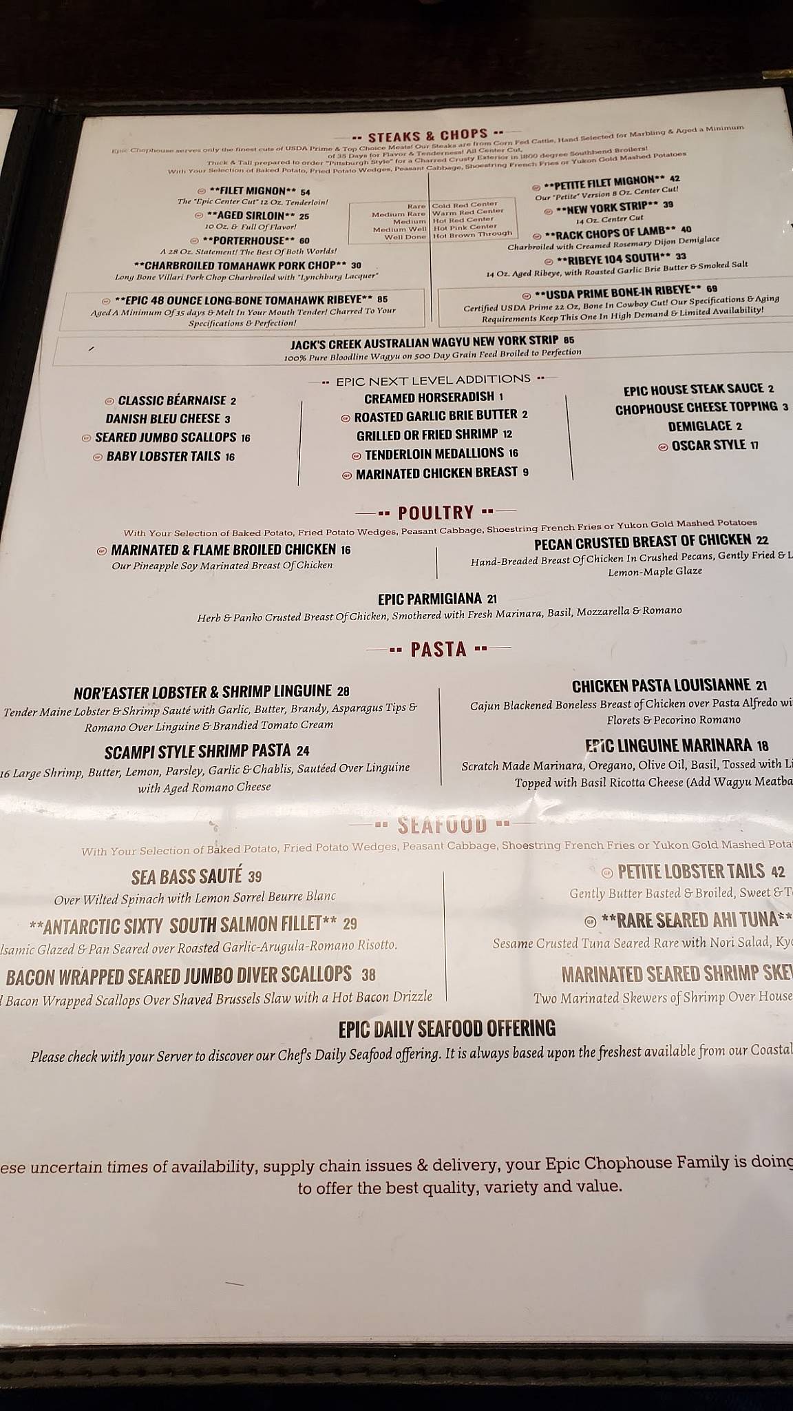 Menu at Epic Chophouse at Kingsley pub & bar, Fort Mill