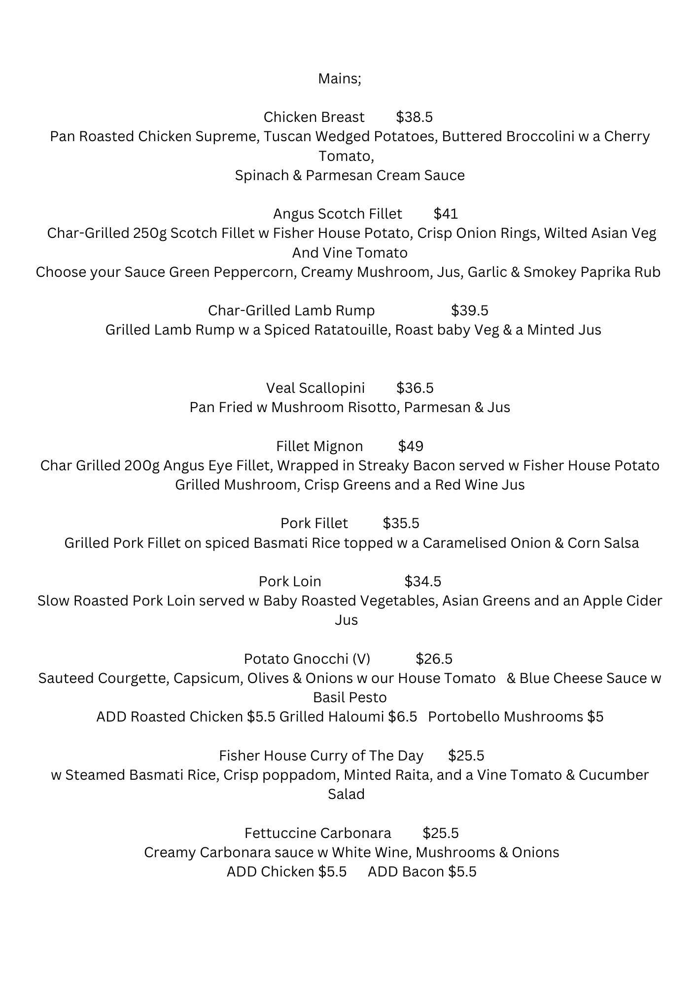 Menu at Fisher House restaurant, Auckland