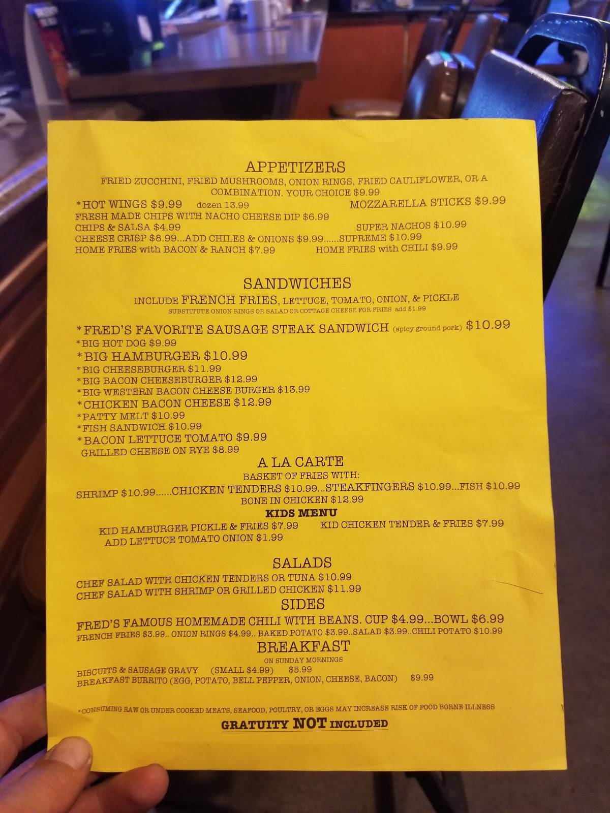 Menu at Fred's Arena Bar & Steakhouse, Three Points