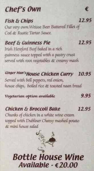 Menu at The Ginger Man pub & bar, Dublin