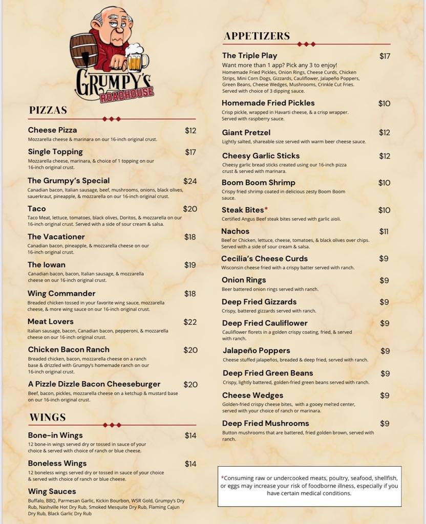 Menu at Grumpy’s Roadhouse pub & bar, Waverly