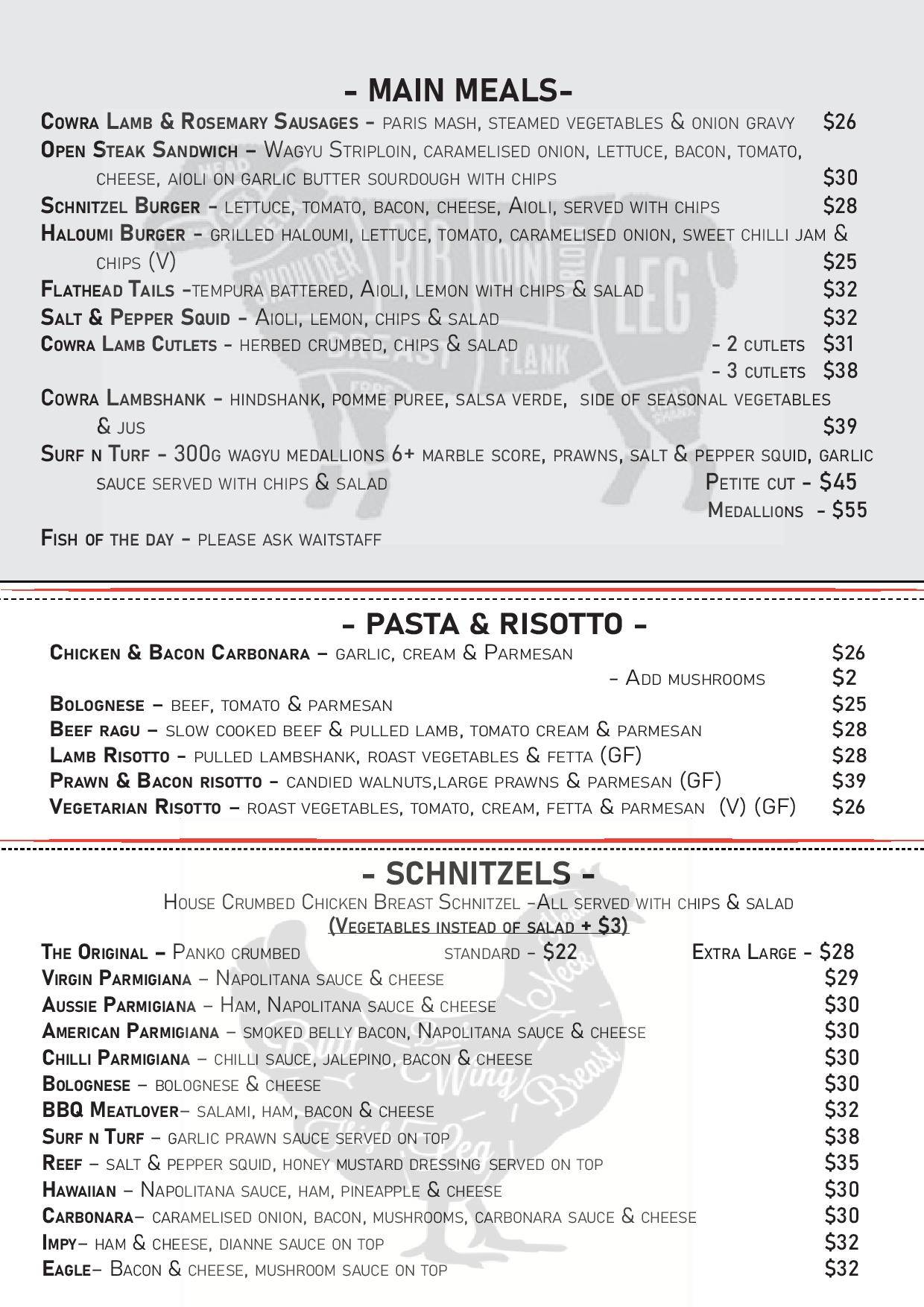 Menu at Imperial Hotel pub & bar, Cowra