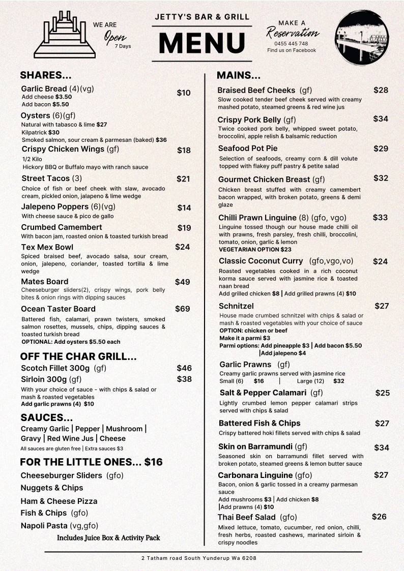 Menu at Jetty's Bar And Grill, South Yunderup