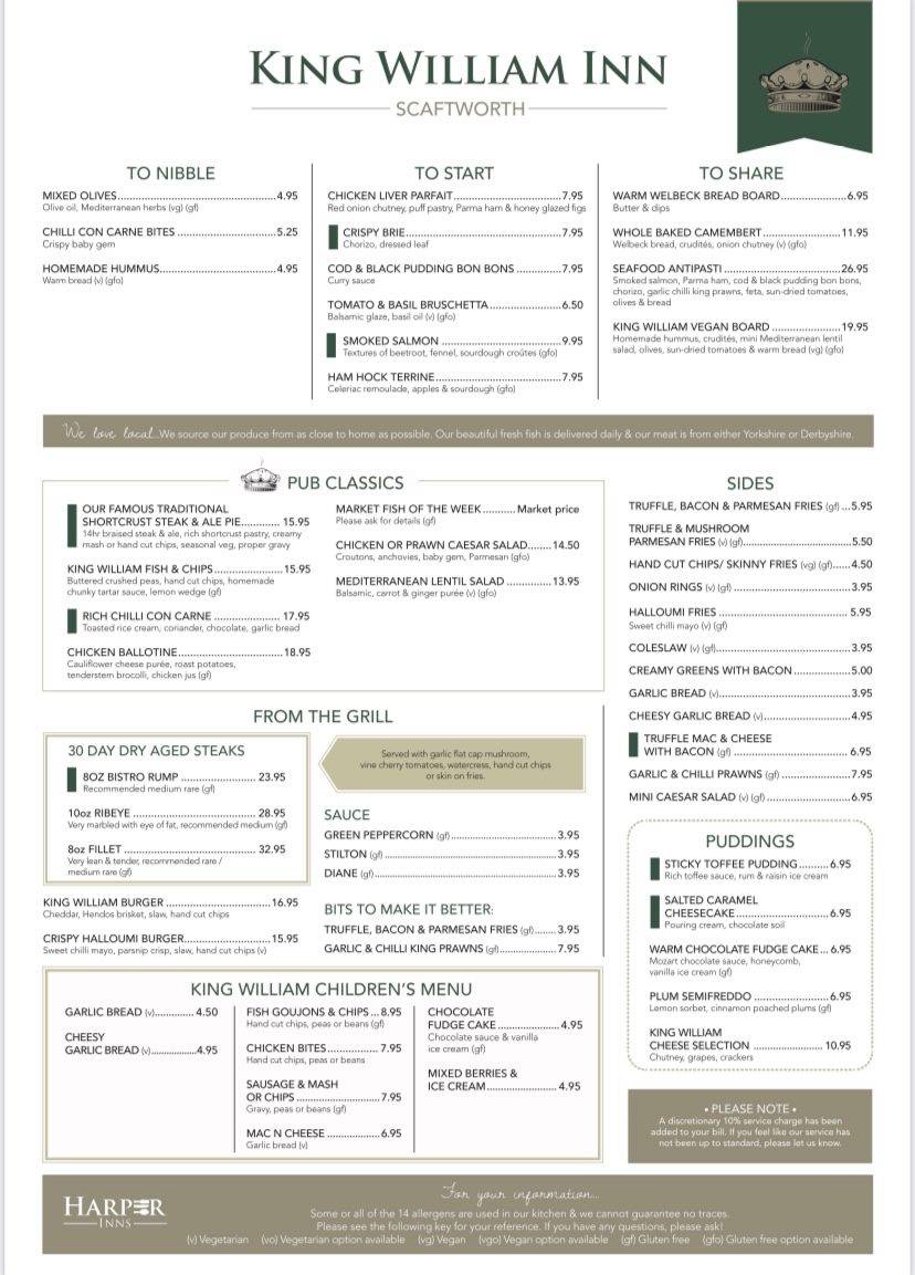 Menu at The King William Inn pub & bar, Doncaster, Main Street