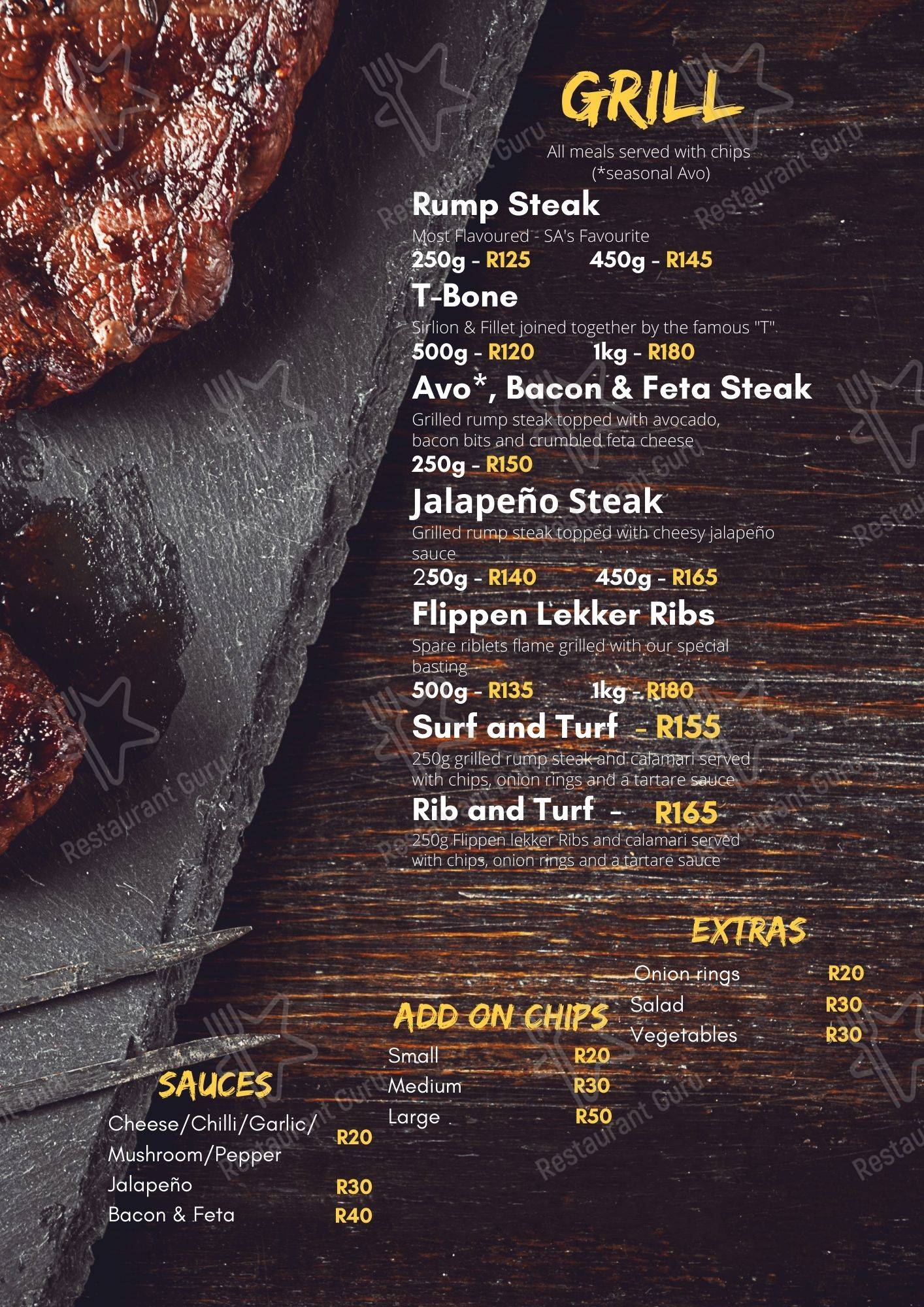 Menu at Kommietjies restaurant, Cradock
