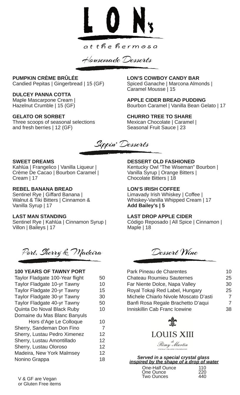 Menu at LON’s at The Hermosa Inn pub & bar, Paradise Valley
