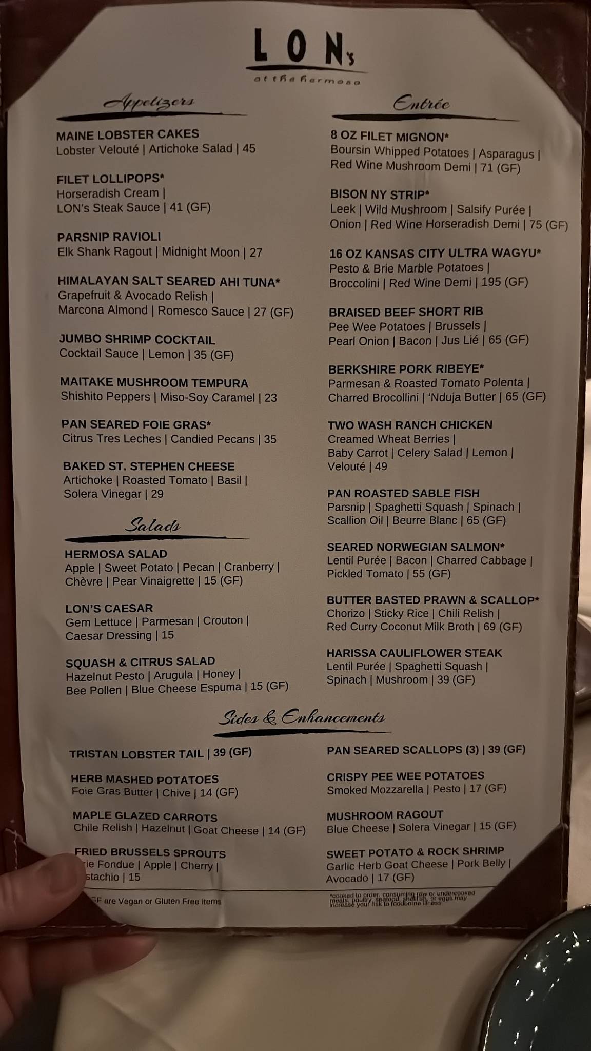 Carta del pub y bar LON’s at The Hermosa Inn, Paradise Valley