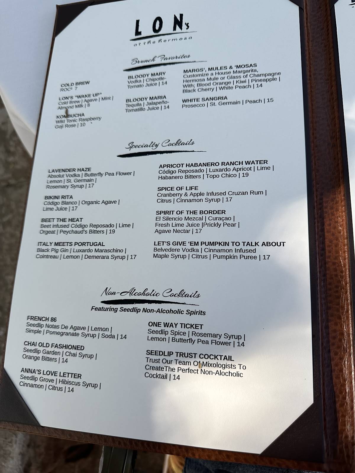 Menu at LON’s at The Hermosa Inn pub & bar, Paradise Valley