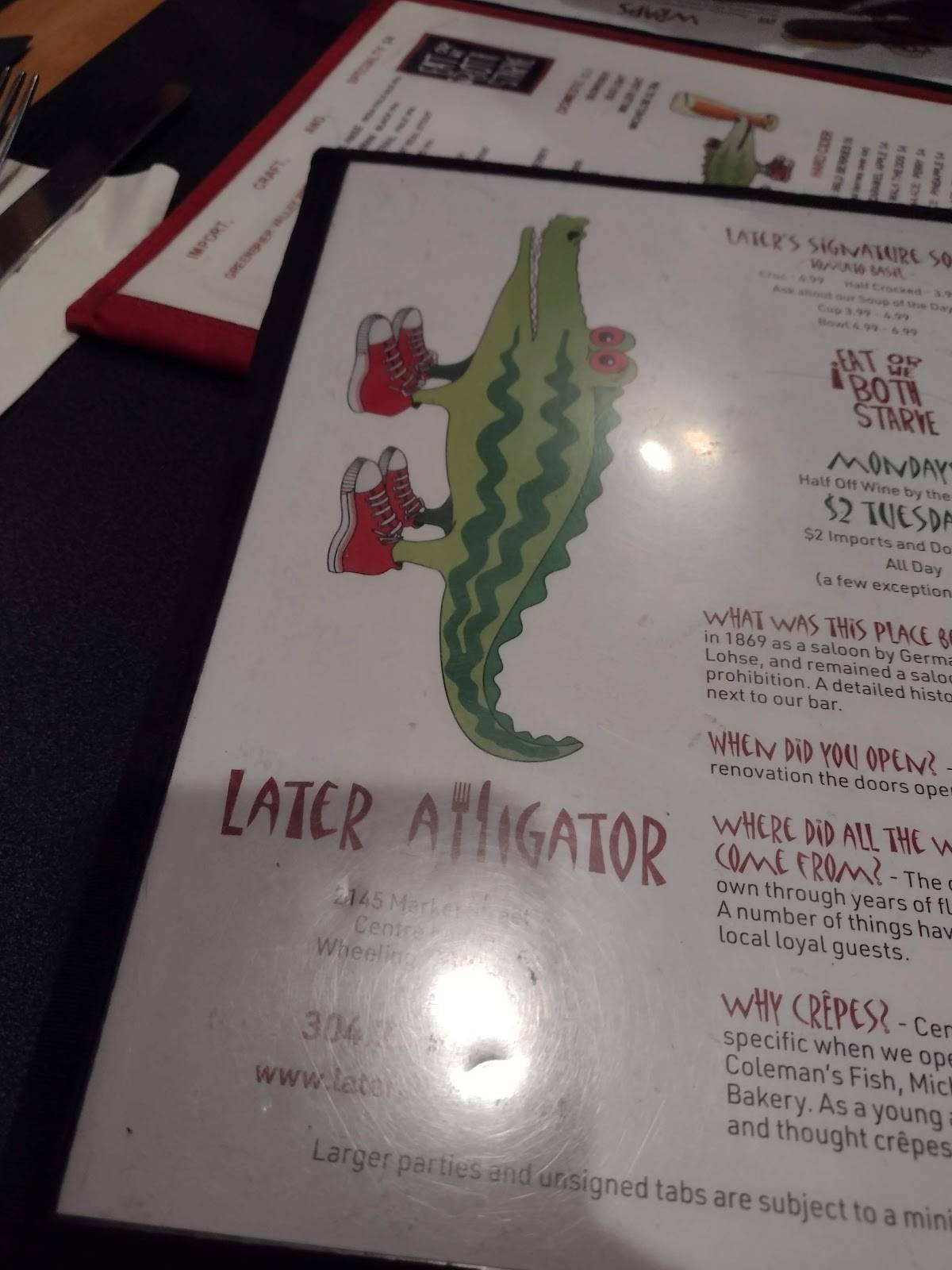 Menu at Later Alligator pub & bar, Wheeling