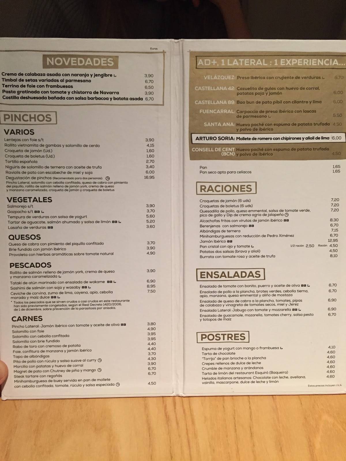 Carta del pub y bar Lateral Arturo Soria, Madrid, C. del Arturo Soria
