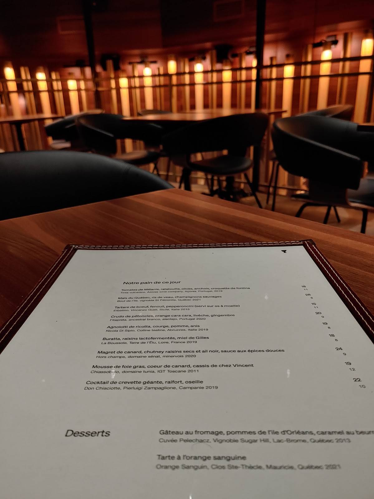 Menu au Le Bedeau pub et bar, Québec
