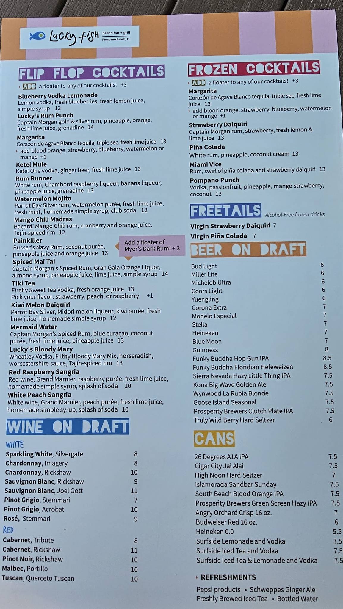 Menu at Lucky Fish Beach Bar + Grill, Pompano Beach