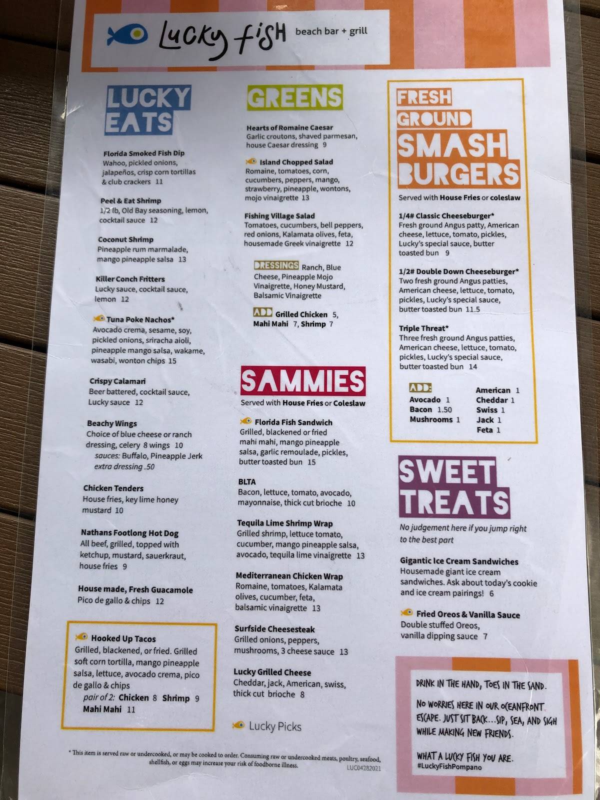 Menu at Lucky Fish Beach Bar + Grill, Pompano Beach