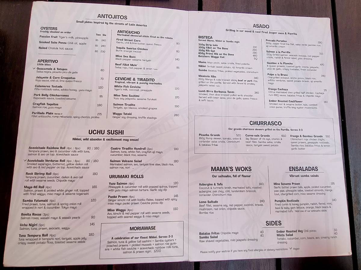 Menu at MAMASAMBA pub & bar, Johannesburg